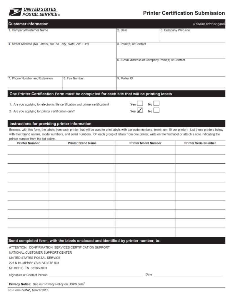 PS Form 5052 – Printer Certification Submission | Origin Form Studio