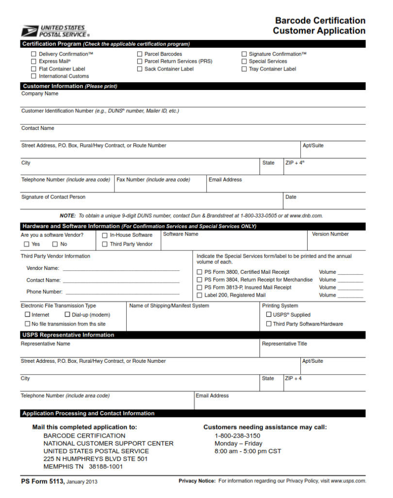 PS Form 5113 – Barcode Certification Customer Application | Origin Form ...