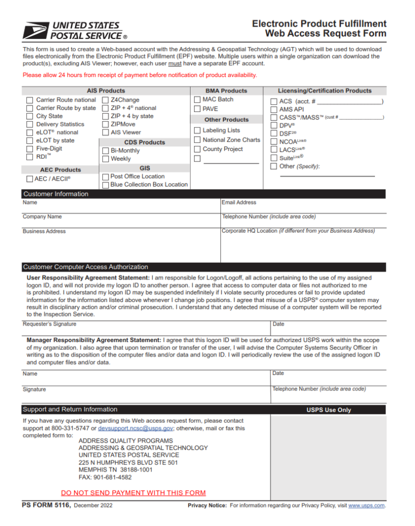 PS Form 5116 – Electronic Product Fulfillment Web Access Request Form | Origin Form Studio