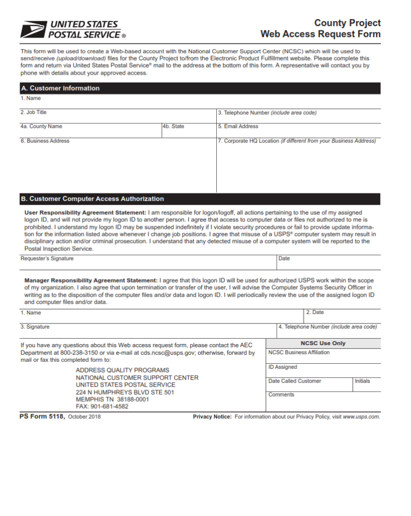 PS Form 5118 – County Project Web Access Request Form | Origin Form Studio