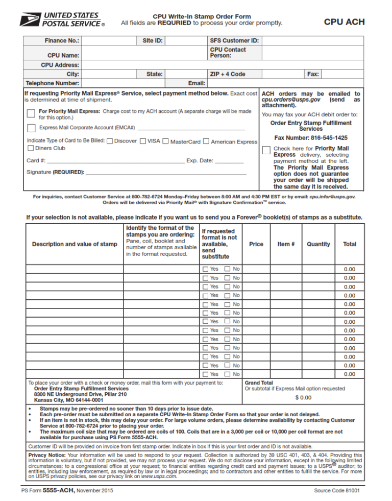 PS Form 5555-ACH – CPU (ACH) Write-In Stamp Order Form | Origin Form Studio
