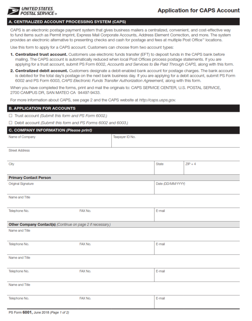 PS Form 6001 – Application For CAPS Account | Origin Form Studio