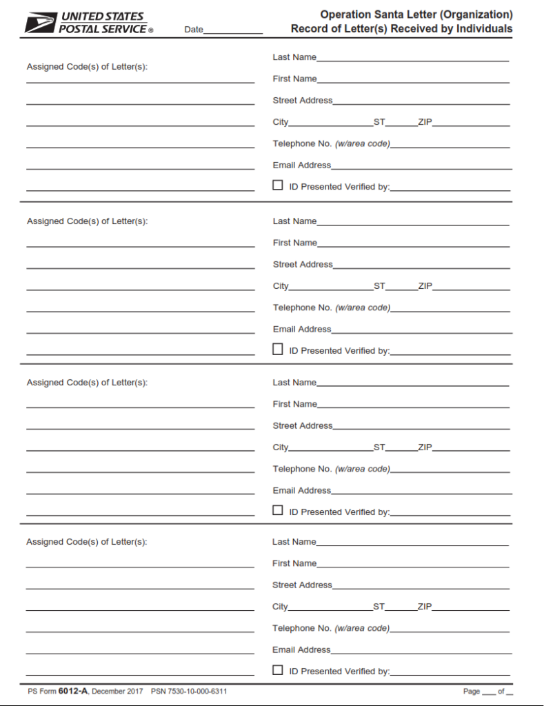 PS Form 6012-A – Operation Santa Letter (Organization) Record of Letter ...