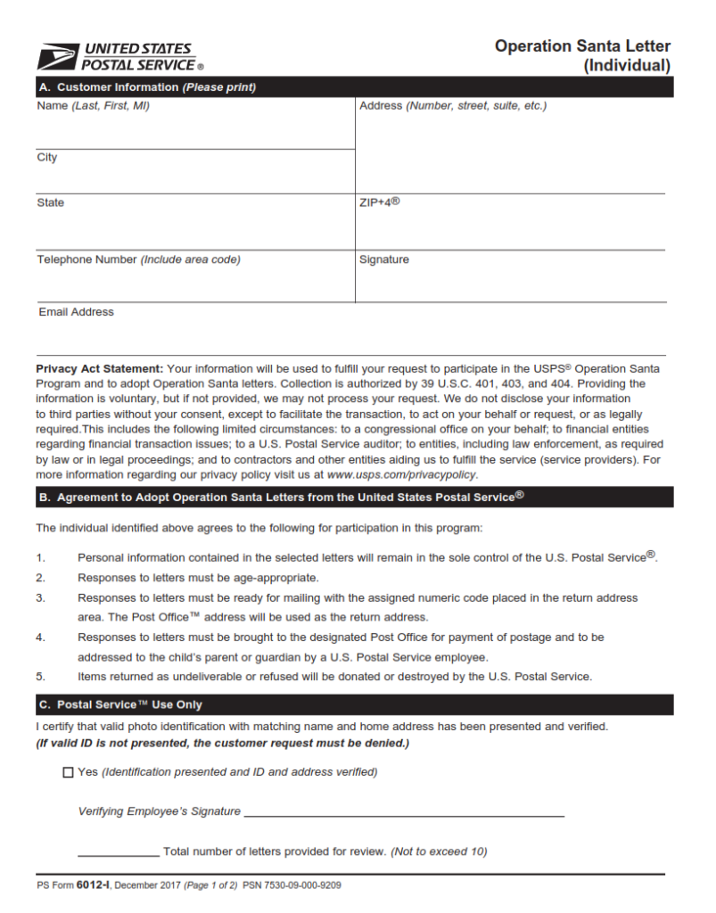 PS Form 6012-I – Operation Santa Letter (Individual) | Origin Form Studio