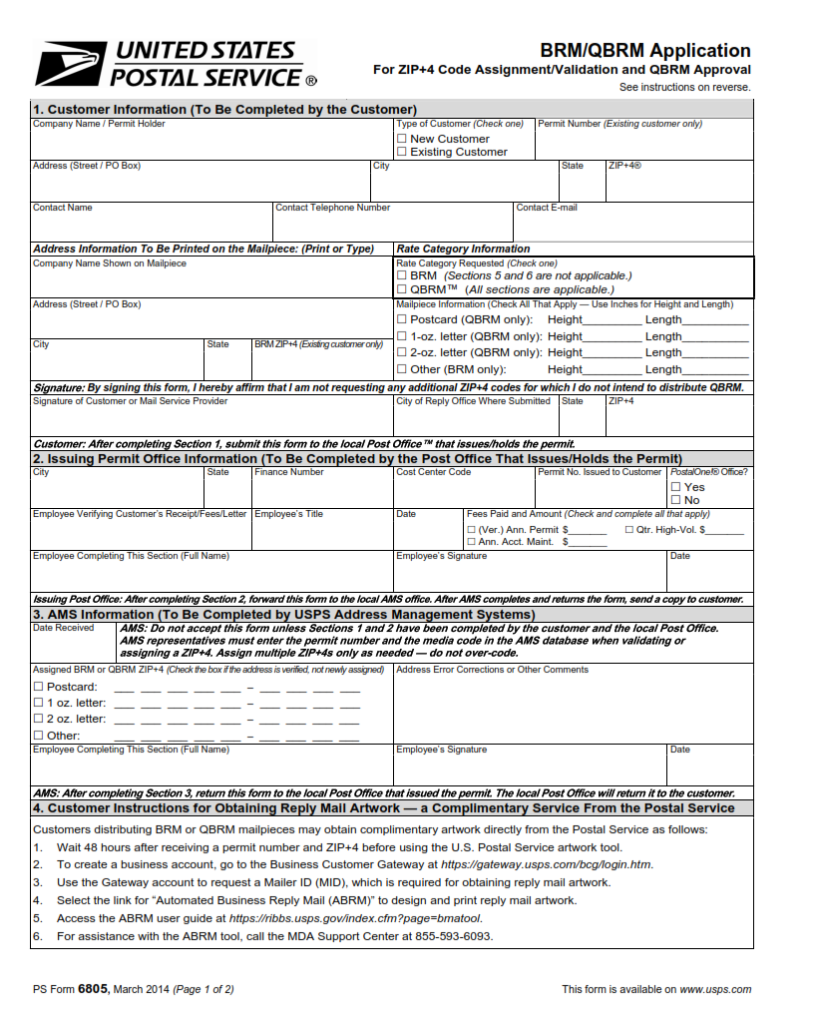 PS Form 6805 – BRM/QBRM Application for ZIP+4 Code Assignment ...