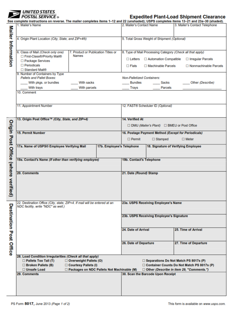 PS Form 8017 – Expedited Plant-Load Shipment Clearance | Origin Form Studio