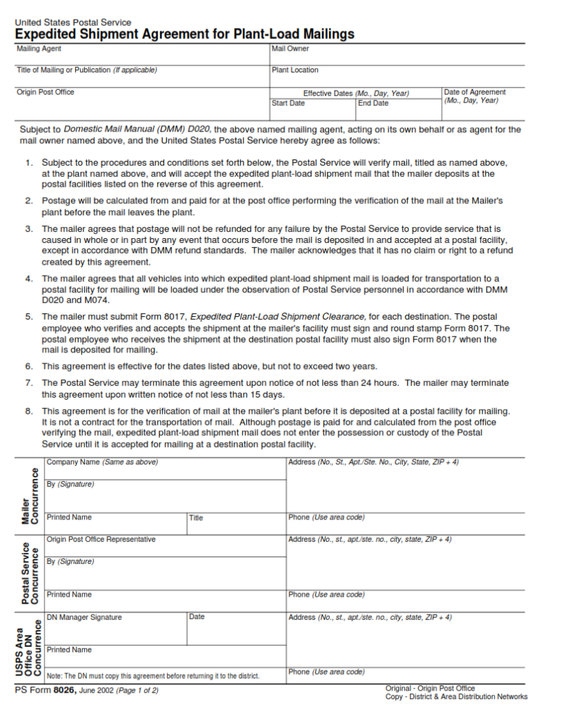 PS Form 8026 – Expedited Shipment Agreement for Plant-Load Mailings ...