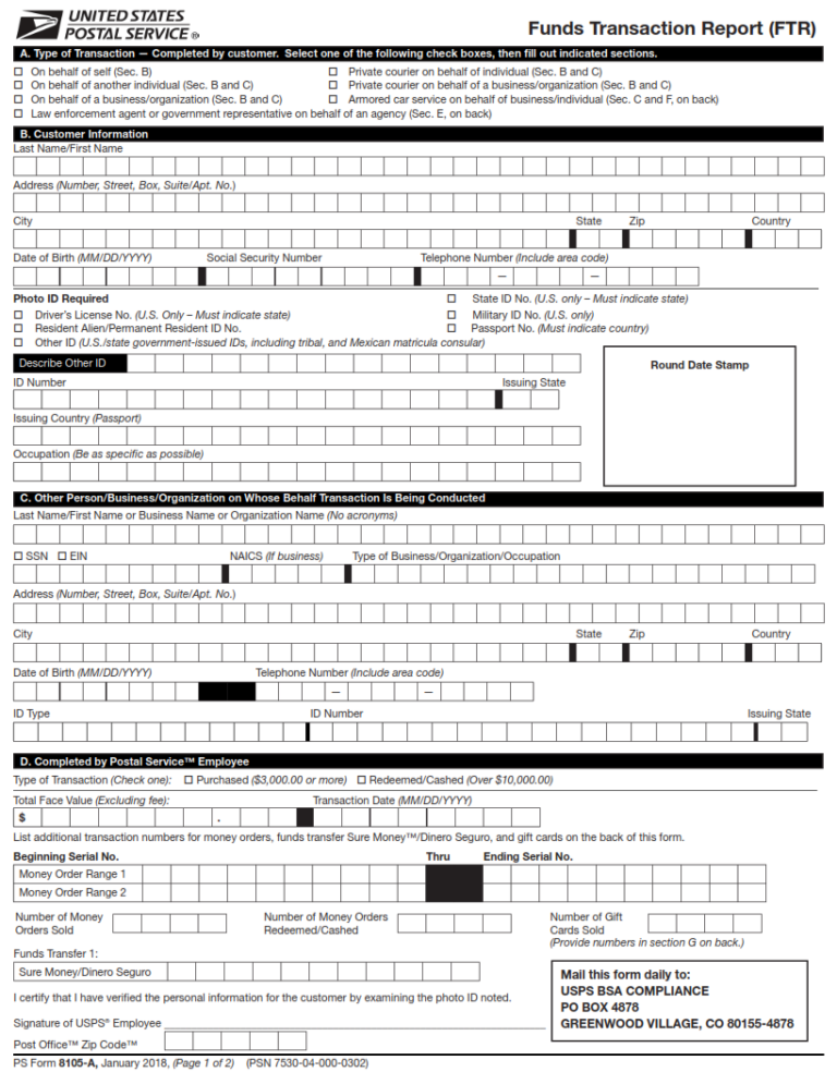 PS Form 8105-A – Funds Transaction Report (FTR) | Origin Form Studio