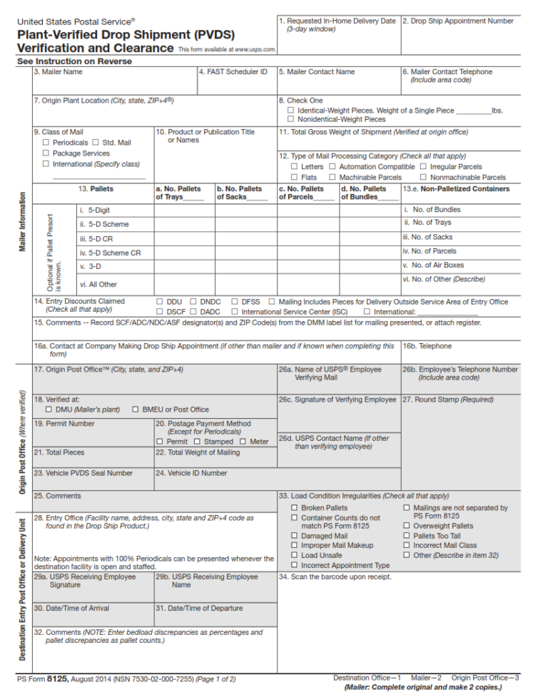 PS Form 8125 – Plant-Verified Drop Shipment (PVDS) Verification and ...