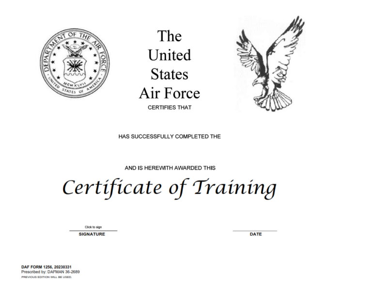 DAF Form 1256 – Certificate Of Training (LRA) | Origin Form Studio