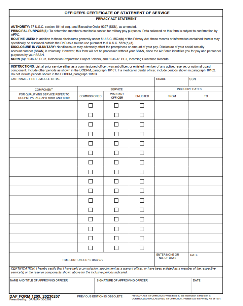DAF Form 1299 – Officer’s Certificate Of Statement Of Service | Origin ...