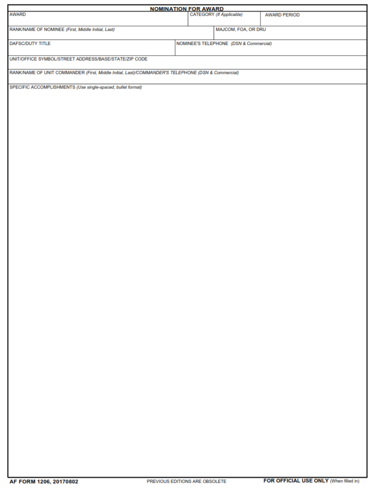 DAF Form 1307 – Department Of The Air Force Command Civilian Award For ...