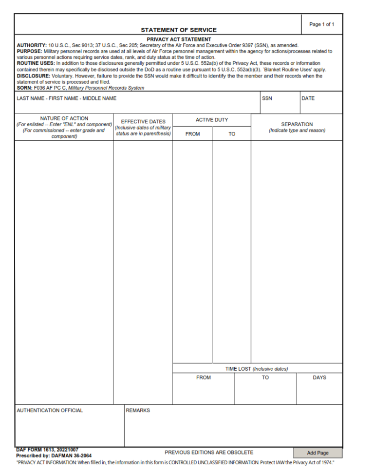 DAF Form 1613 – Statement Of Service | Origin Form Studio