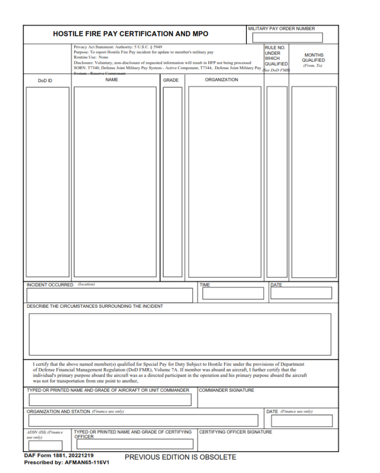 DAF Form 1881 – Hostile Fire Pay Certification And Mpo | Origin Form Studio