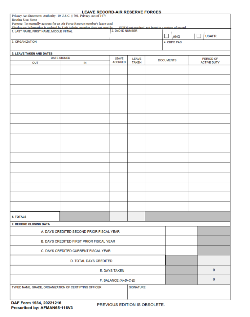 DAF Form 1934 – Leave Record-Air Reserve Forces | Origin Form Studio