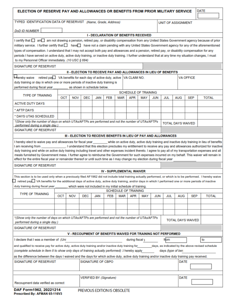 DAF Form 1962 – Electronic Reserve Pay And Allowances Or Benefits From ...