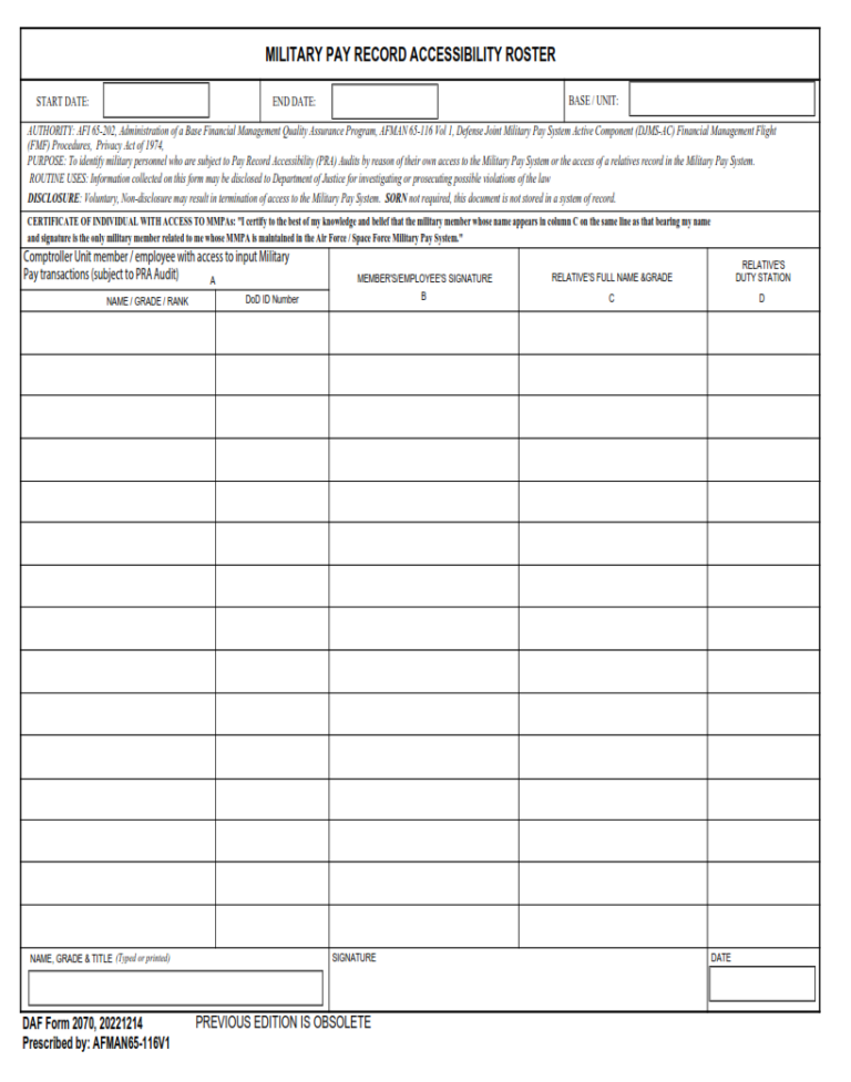 DAF Form 2070 – Jumps Pay Accessibility Roster | Origin Form Studio