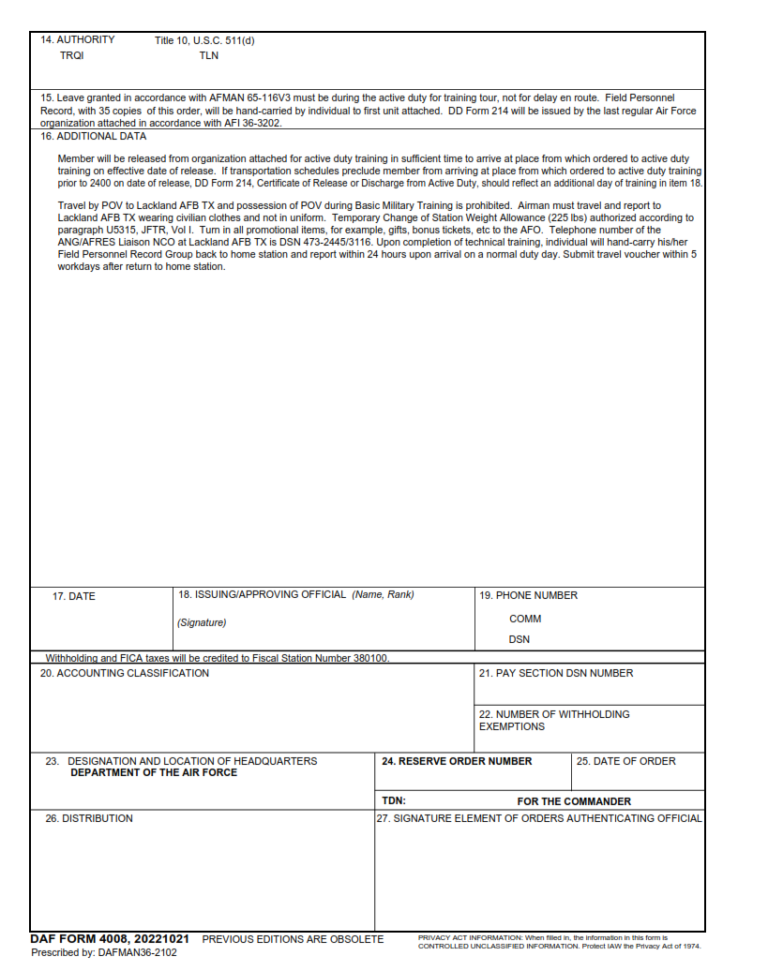 DAF Form 4008 – Request And Authorization For Initial Active Duty ...