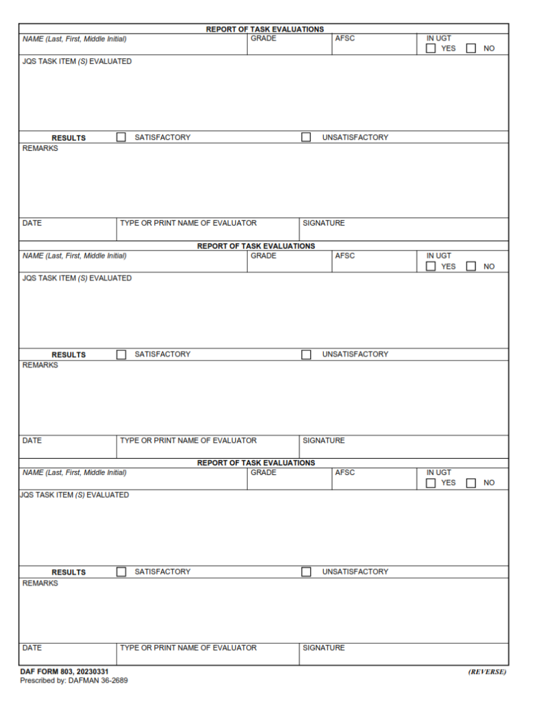 DAF Form 803 – Report Of Task Evaluations | Origin Form Studio