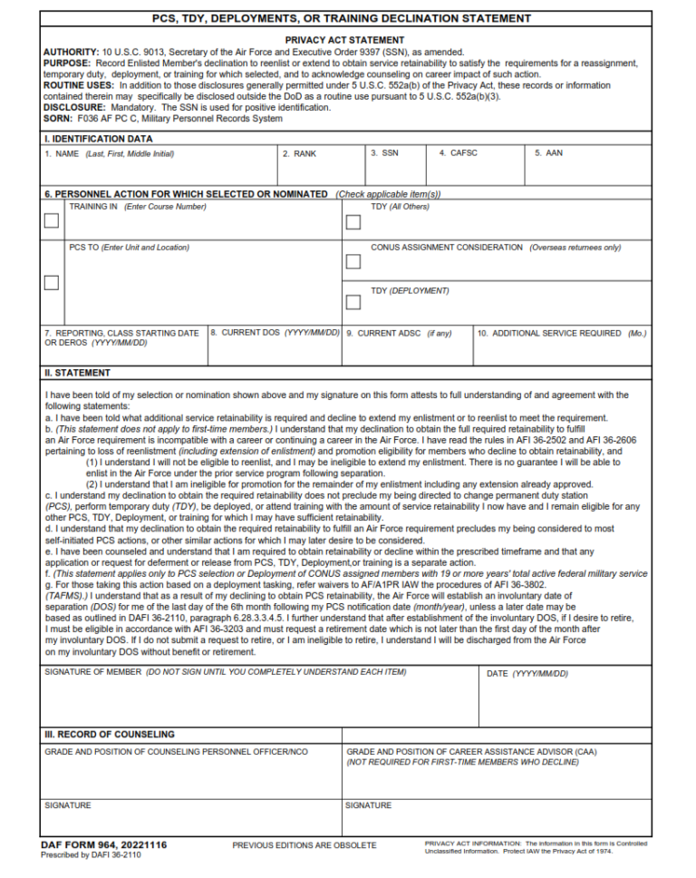 DAF Form 964 – Pcs, Tdy, Deployments, Or Training Declination Statement ...