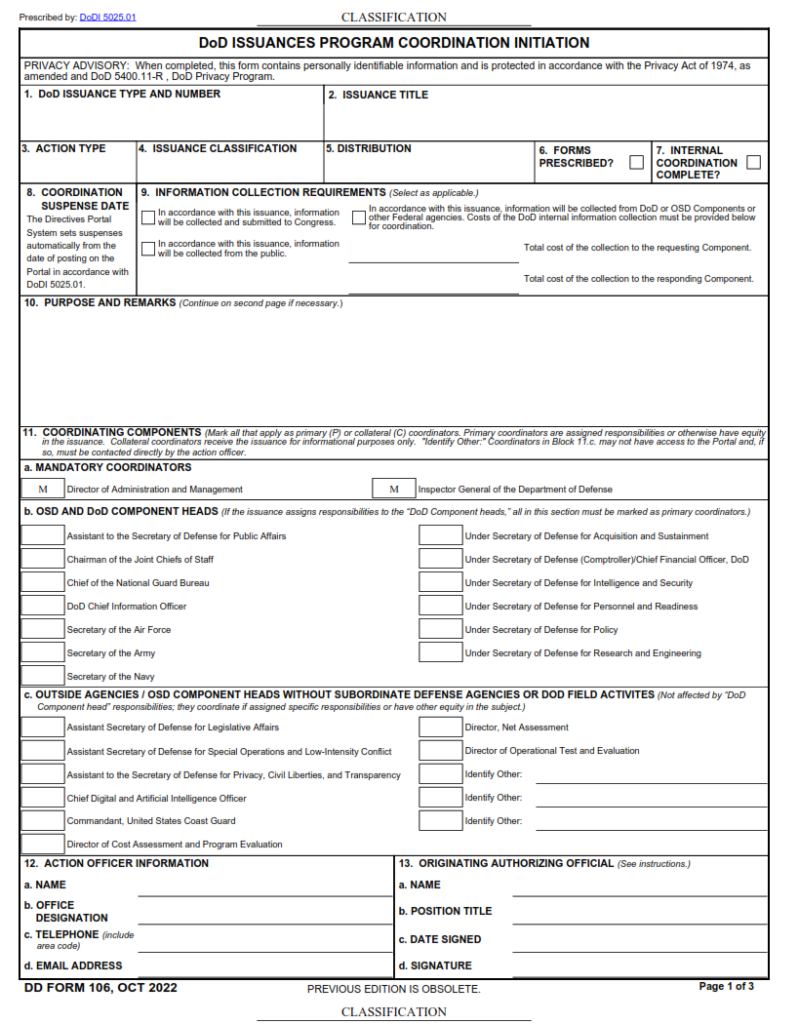 DD Form 106 – DoD Issuances Program Coordination Initiation | Origin ...