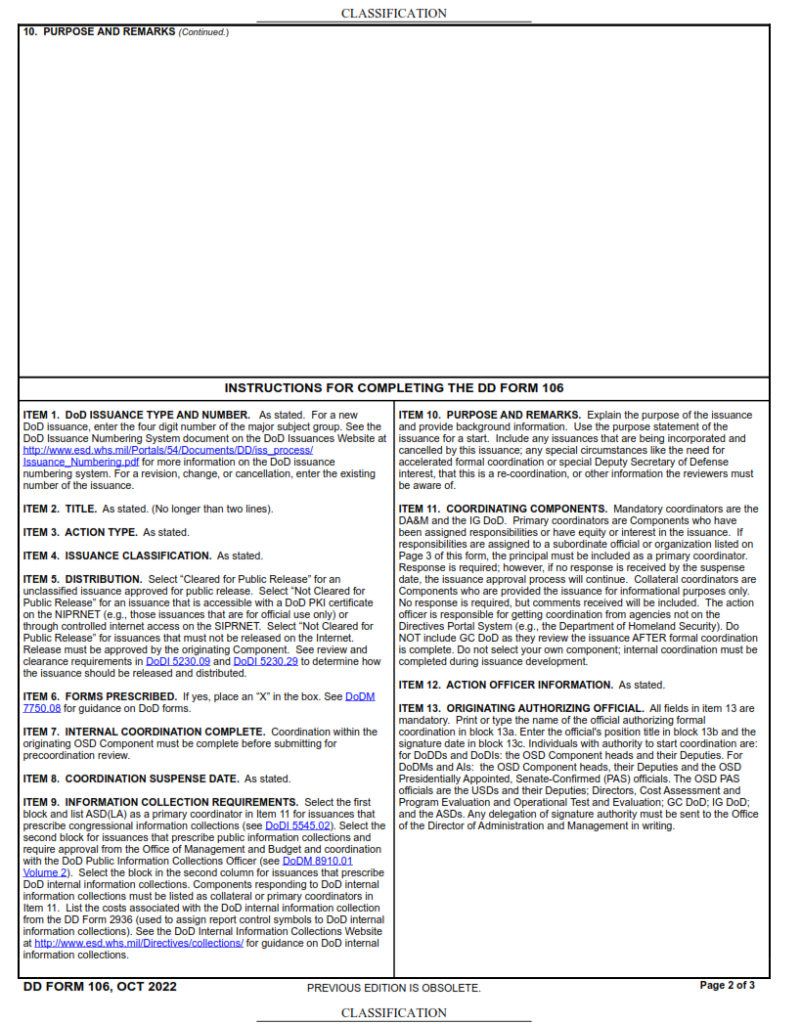 DD Form 106 – DoD Issuances Program Coordination Initiation | Origin ...