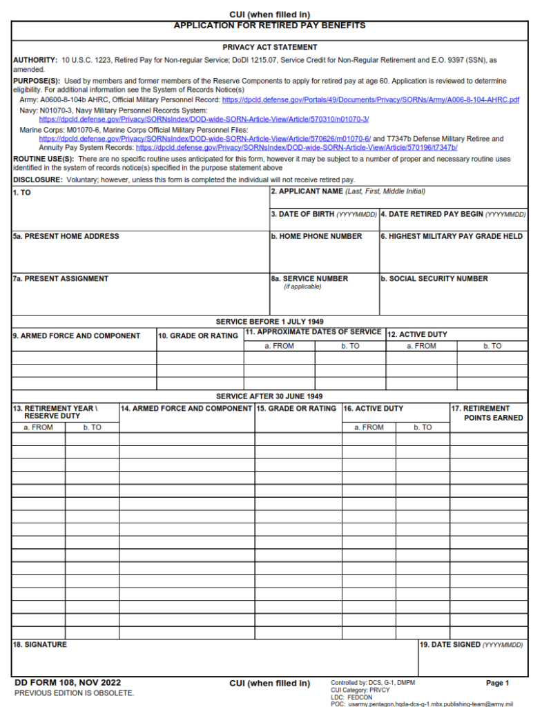 DD Form 108 – Application for Retired Pay Benefits | Origin Form Studio