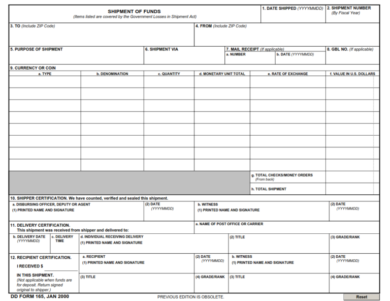 DD Form 165 – Shipment of Funds | Origin Form Studio