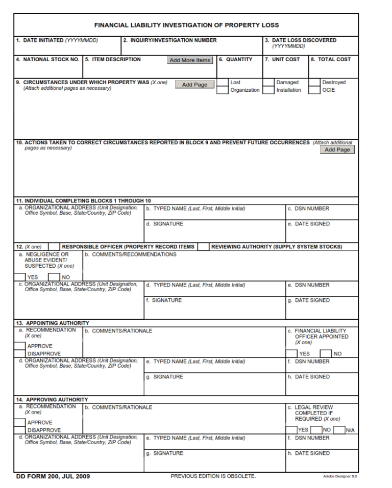 DD Form 200 – Financial Liability Investigation of Property Loss ...