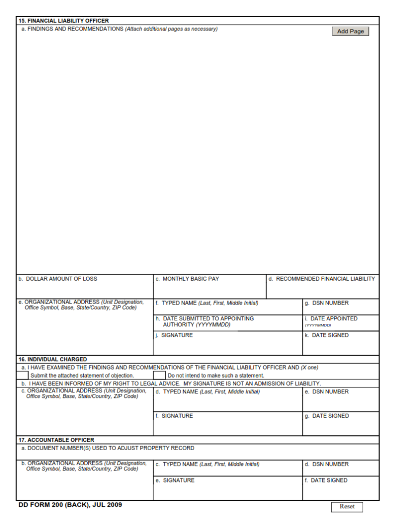 DD Form 200 – Financial Liability Investigation of Property Loss ...
