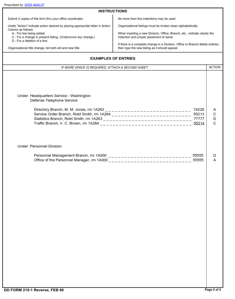 DD Form 218-1 – Telephone Directory Classified Section Change Order ...