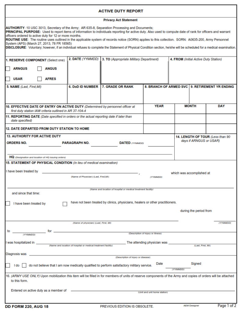 DD Form 220 – Active Duty Report | Origin Form Studio