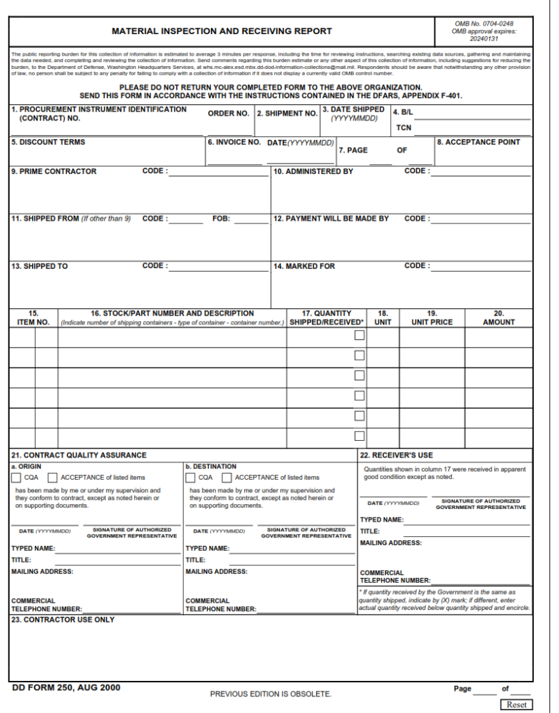 DD Form 250 – Material Inspection and Receiving Report | Origin Form Studio