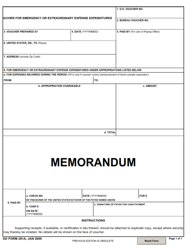 DD Form 281A – Voucher for Emergency or Extraordinary Expense ...