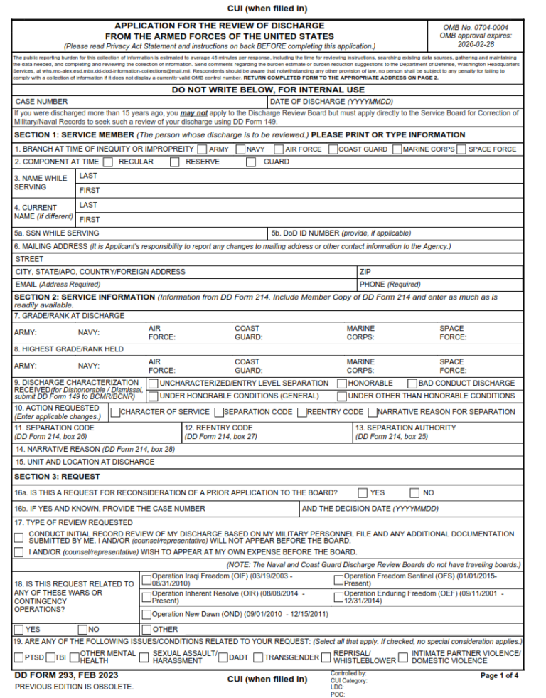 DD Form 293 – Application for the Review of Discharge from the Armed ...
