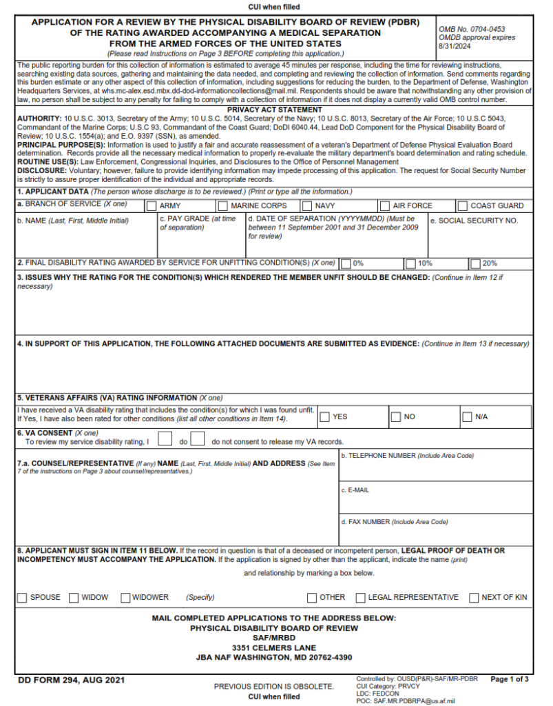 DD Form 294 – Application for a Review by the Physical Disability Board ...