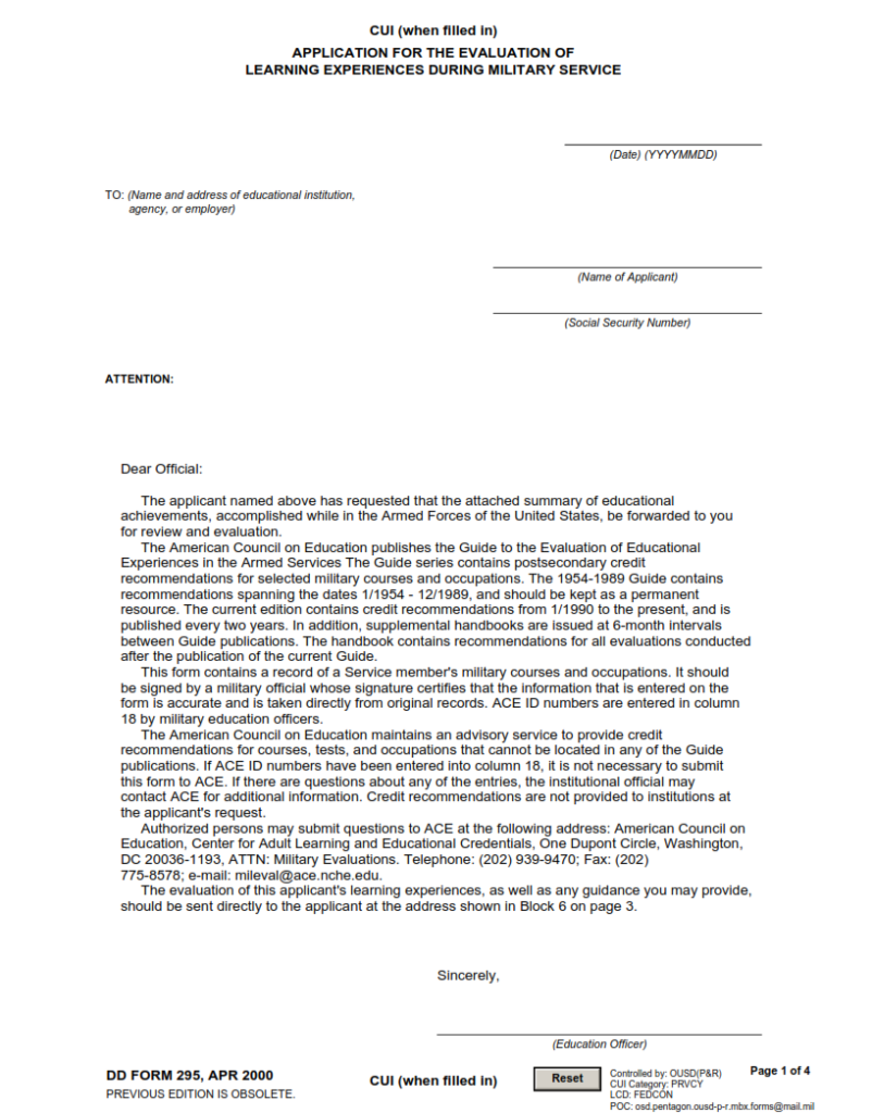 DD Form 295 – Application for the Evaluation of Learning Experiences ...
