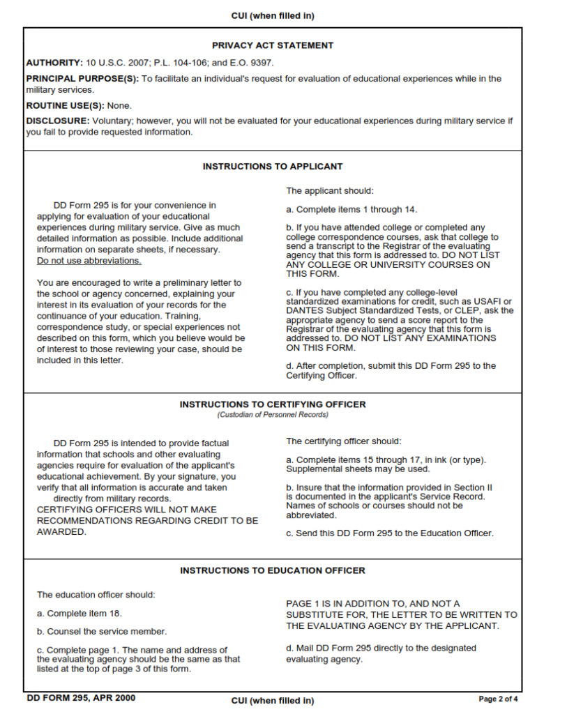 DD Form 295 – Application for the Evaluation of Learning Experiences ...