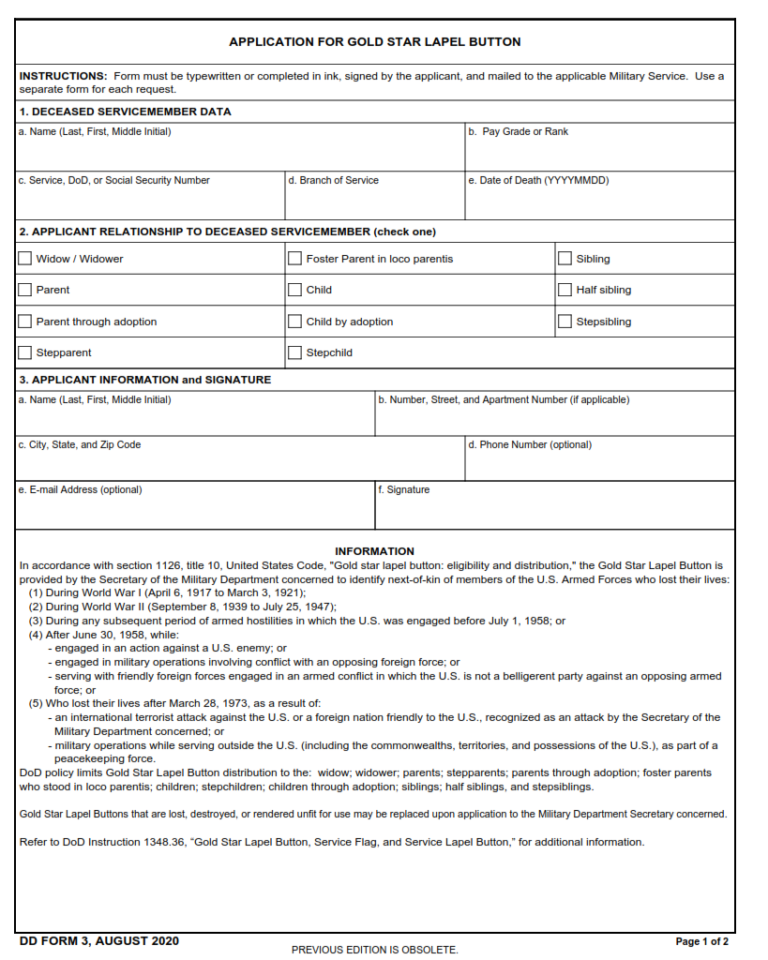 DD Form 3 – Application for Gold Star Lapel Button | Origin Form Studio