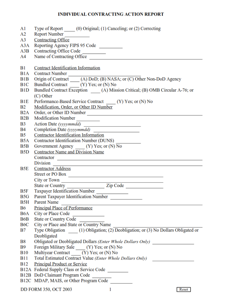DD Form 350 – Individual Contracting Action Report | Origin Form Studio