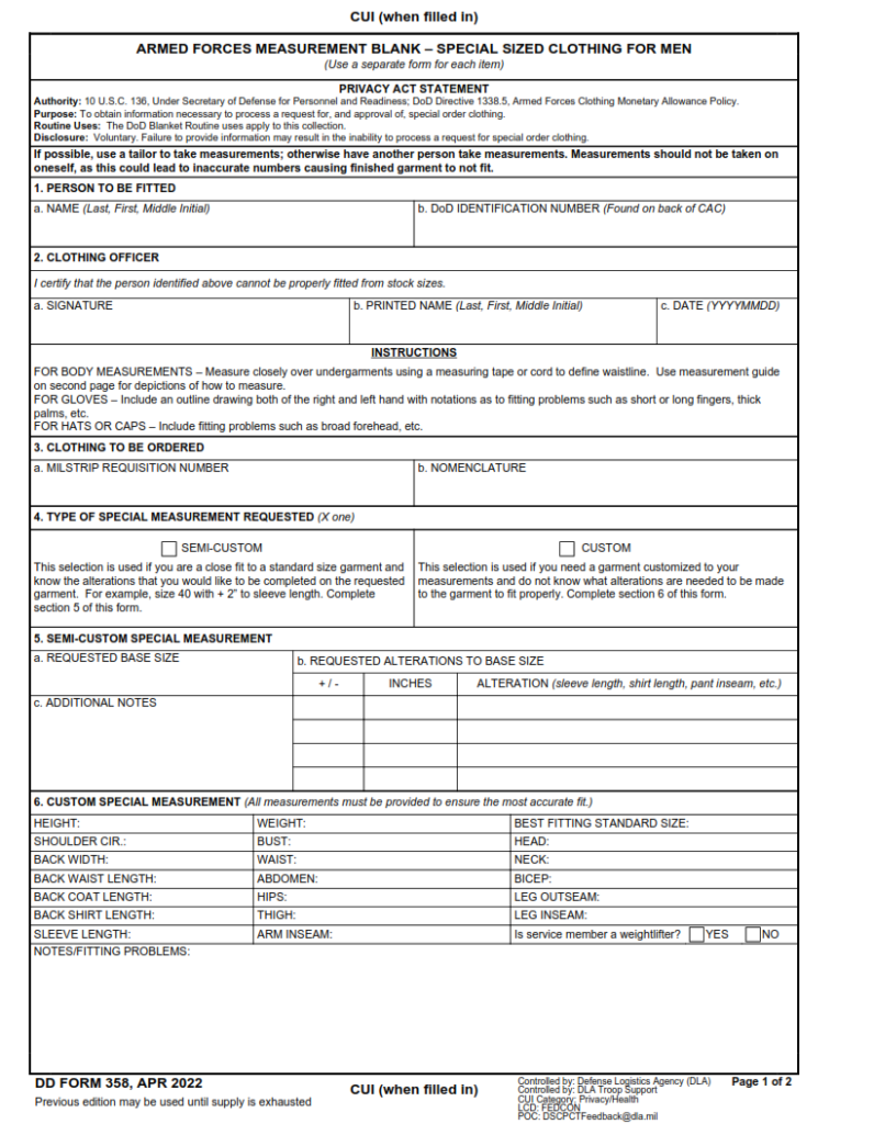 DD Form 358 – Measurement Blank – Special Sized Clothing for Men, Armed ...
