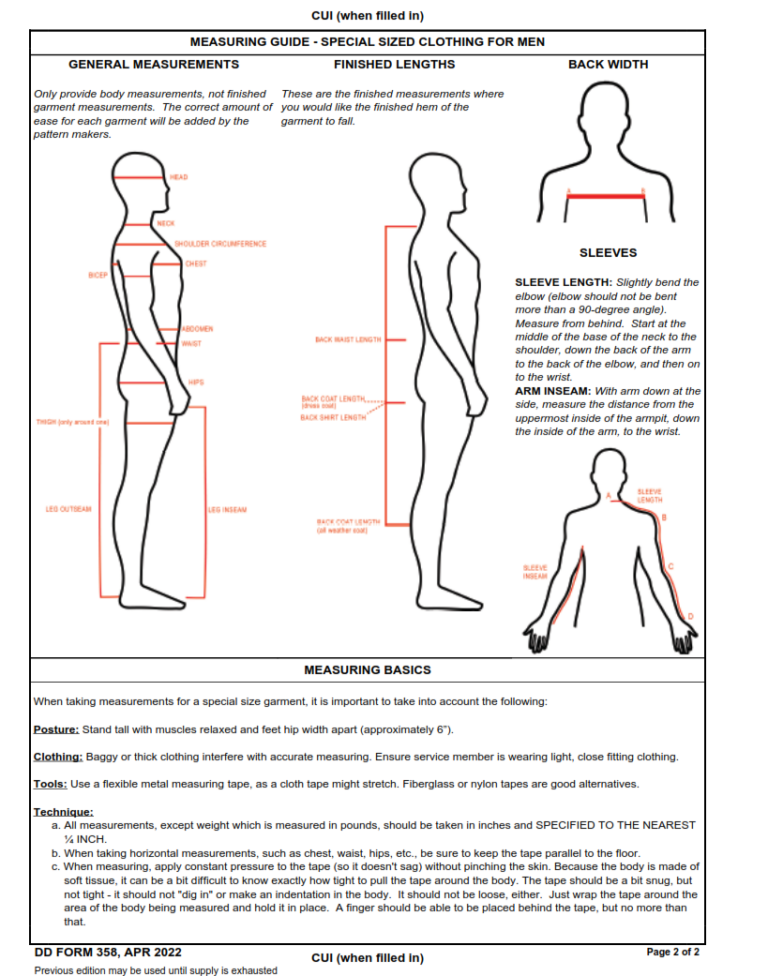 DD Form 358 – Measurement Blank – Special Sized Clothing for Men, Armed ...
