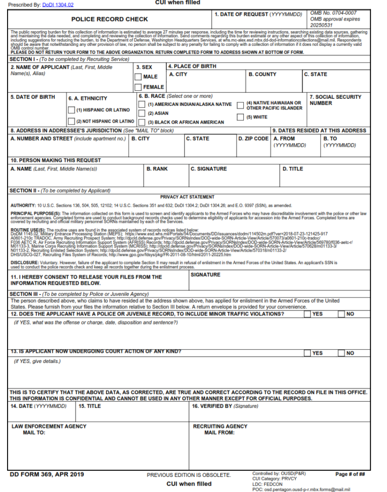 DD Form 369 – Police Record Check | Origin Form Studio