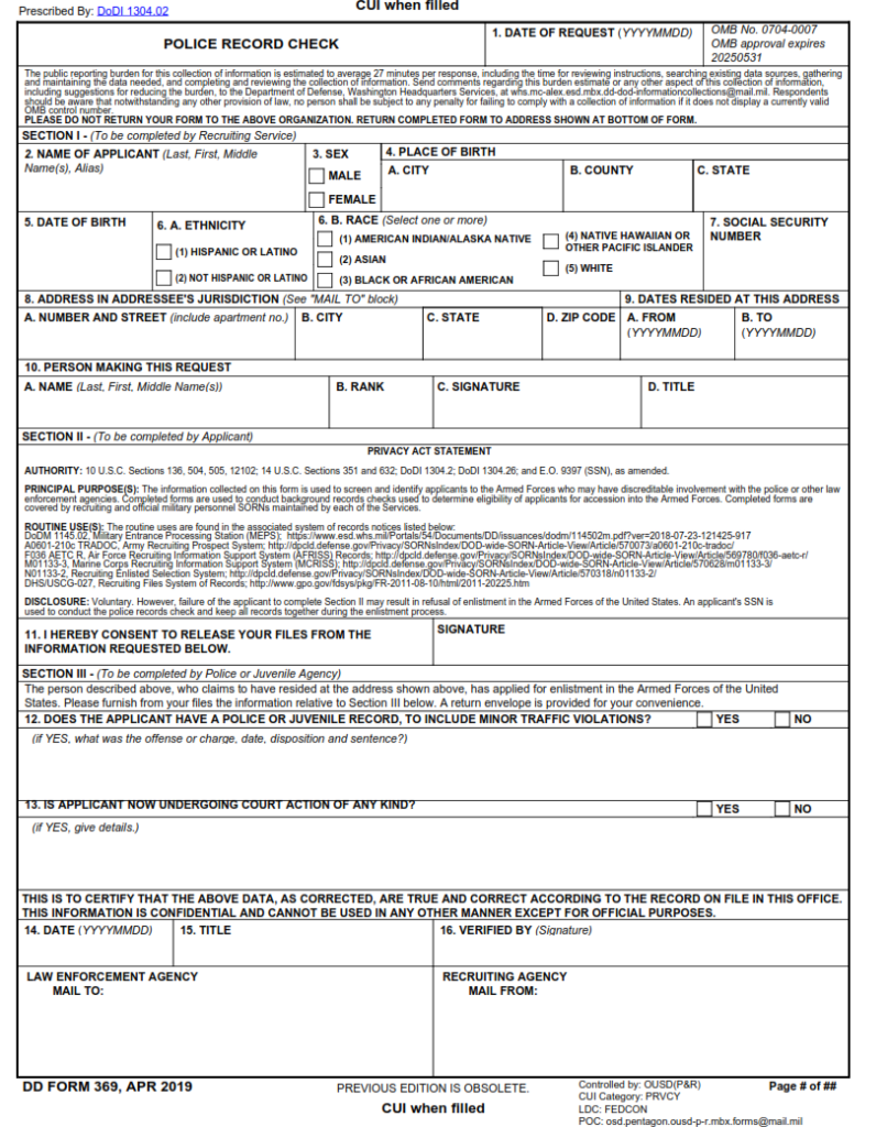 DD Form 369 – Police Record Check | Origin Form Studio