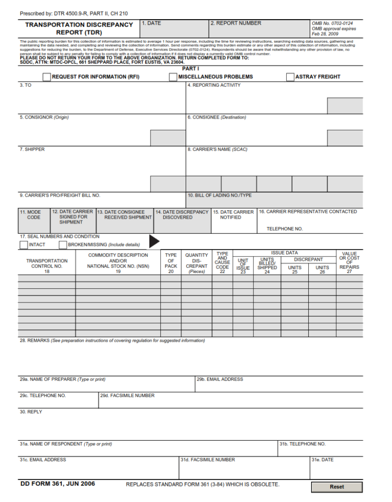 DD Form 361 – Transportation Discrepancy Report (TDR) | Origin Form Studio