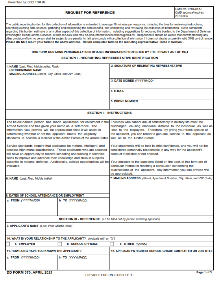 DD Form 370 – Request for Reference | Origin Form Studio