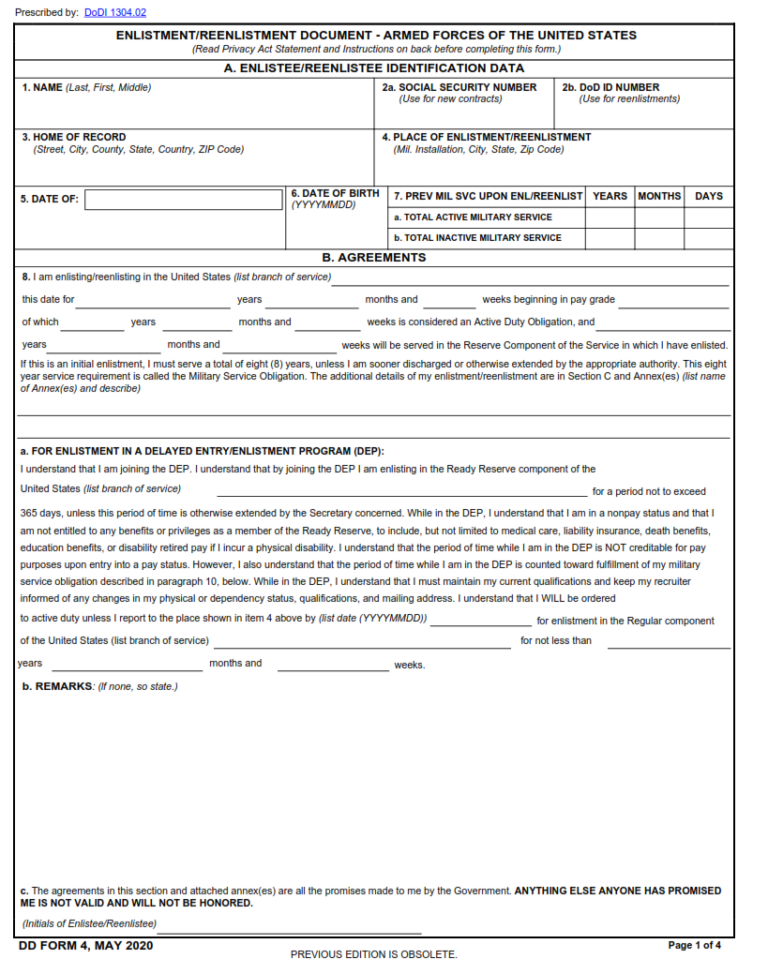 DD Form 4 – Enlistment/Reenlistment Document Armed Forces of the United ...