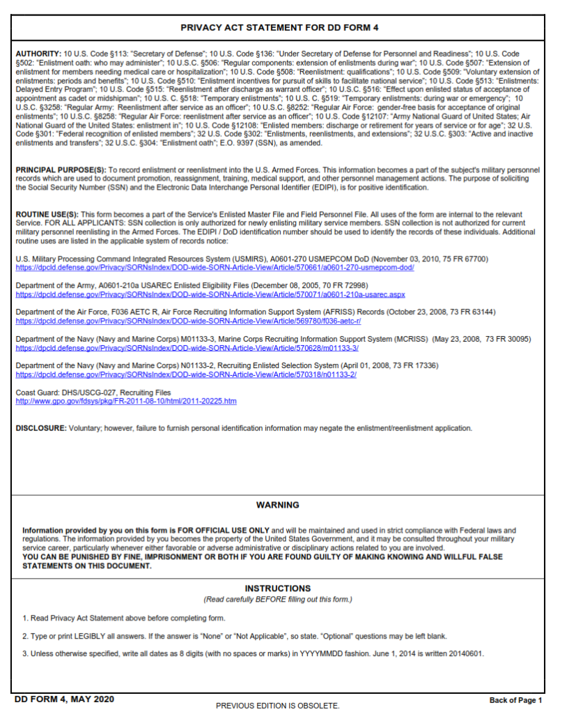 DD Form 4 – Enlistment/Reenlistment Document Armed Forces of the United ...