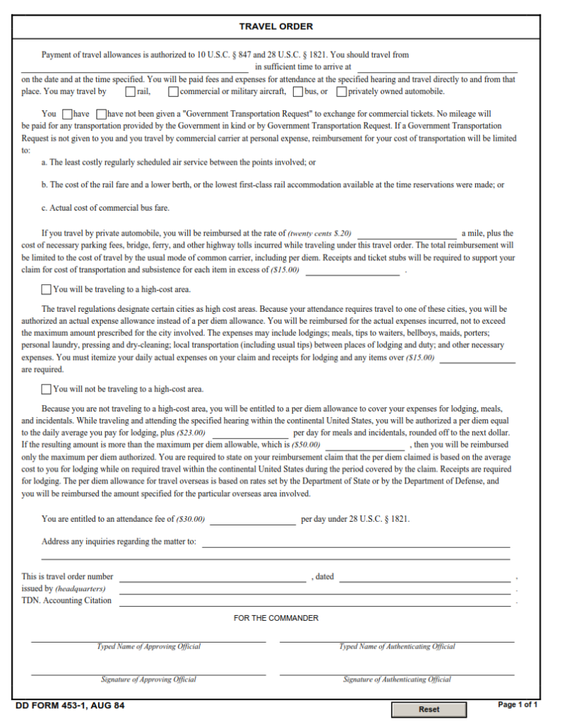 DD Form 453-1 – Travel Order | Origin Form Studio