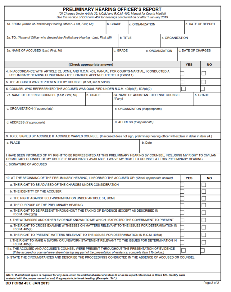 DD Form 457 – Preliminary Hearing Officer’s Report | Origin Form Studio
